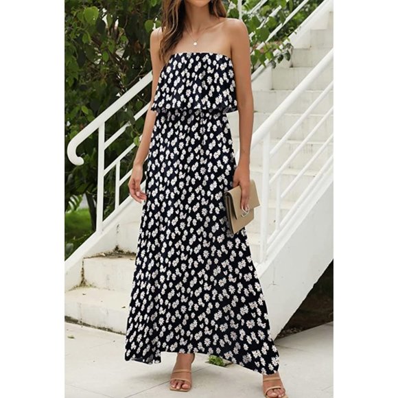 Dresses | Boho Daisy Floral Printed Ruffle Strapless Flowy Long Summer ...